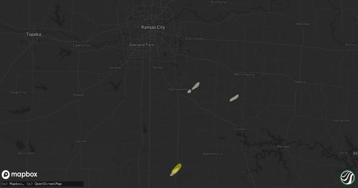 Hail Map in Harrisonville, MO on May 19, 2025 - HailTrace