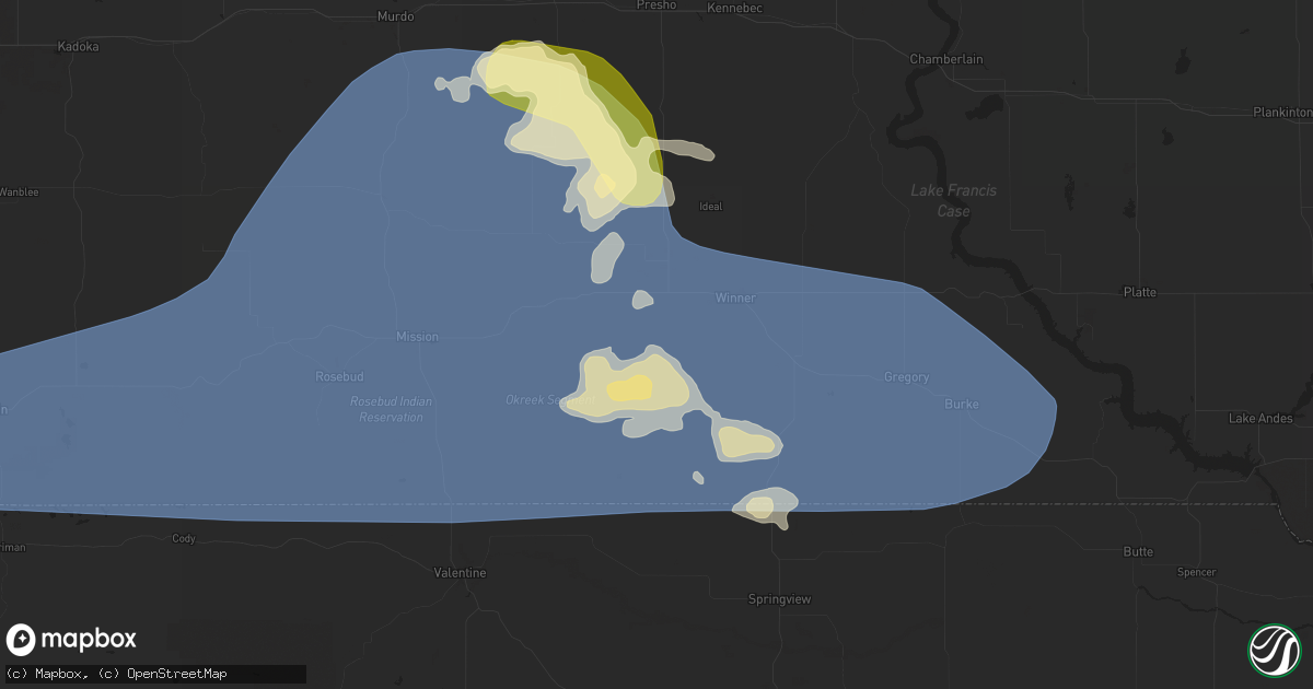Hail Map in Winner, SD on August 13, 2025 - HailTrace